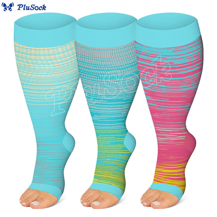 Plusock Plus Size Color Stripes Open Toe Compression Socks(3 Pairs ...