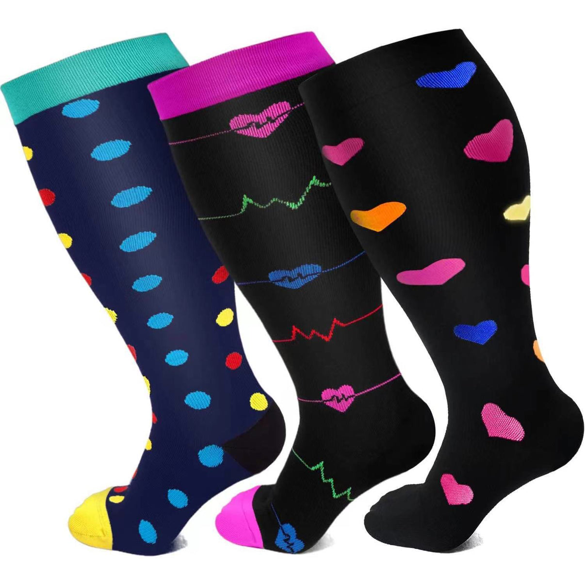 Plusock Colorful Pattern Plus Size Compression Socks 2XL-7XL(3 Pairs ...